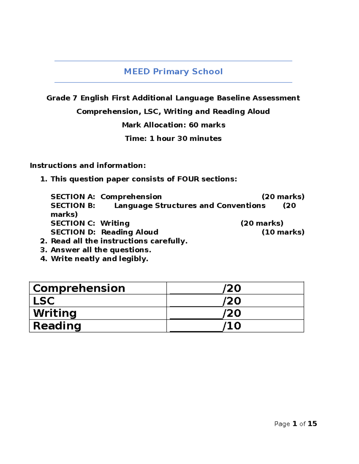 Grade 7 English FAL Baseline Assessment Marking Guideline - Studocu