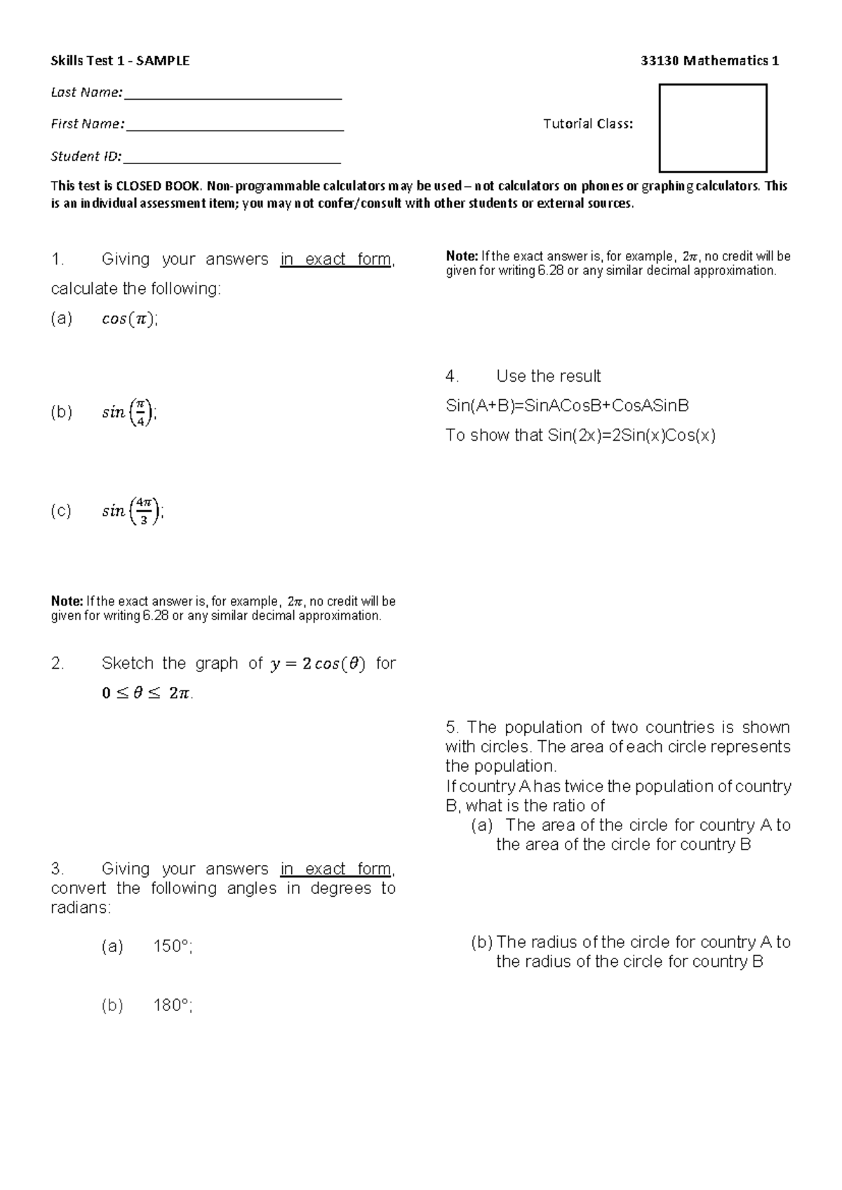 33130 Math 1 Skills Test 1 Sample - Individual Assessment Guide - Studocu