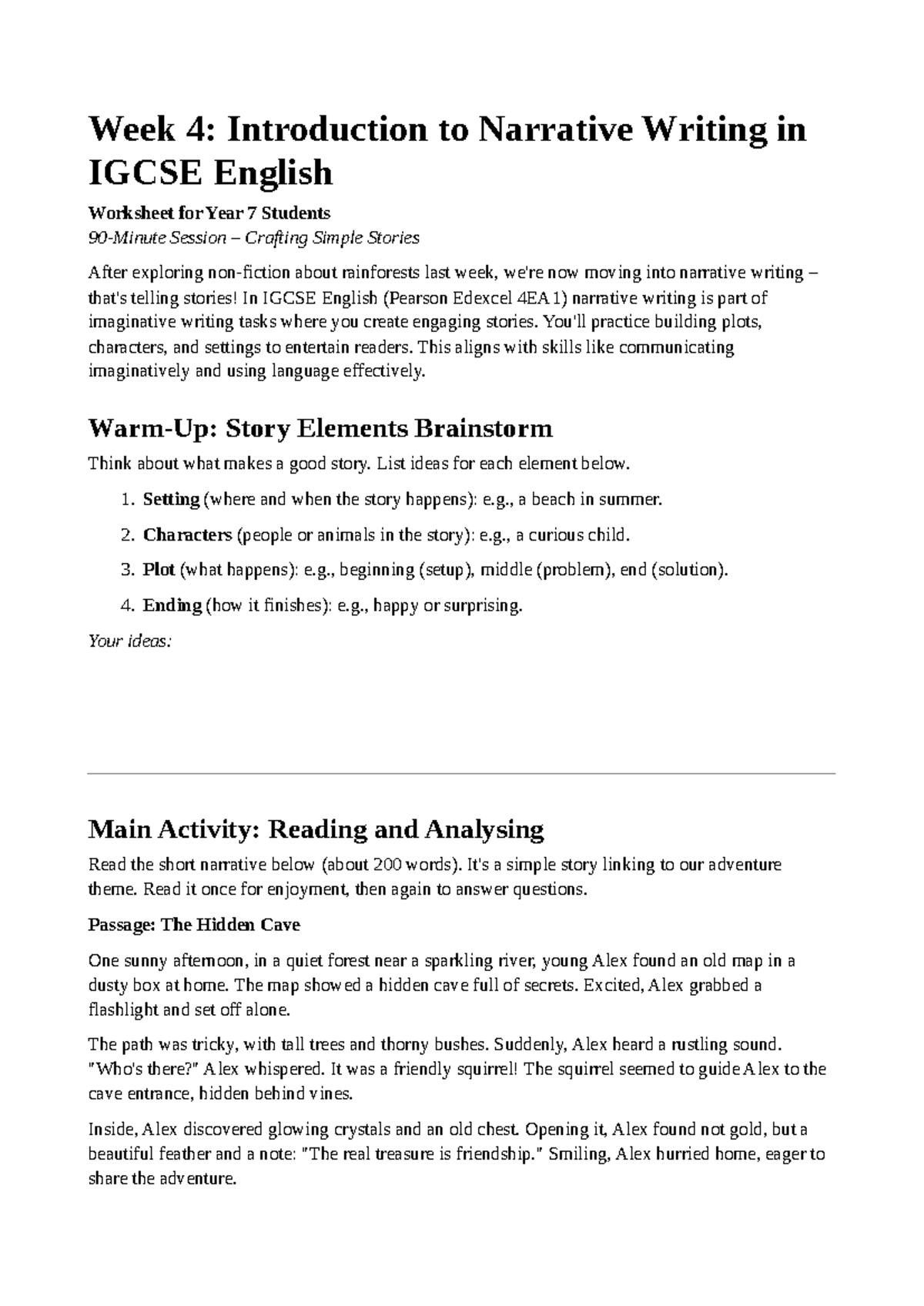 IGCSE English 4EA1: Week 4 Narrative Writing Worksheet for Year 7 - Studocu