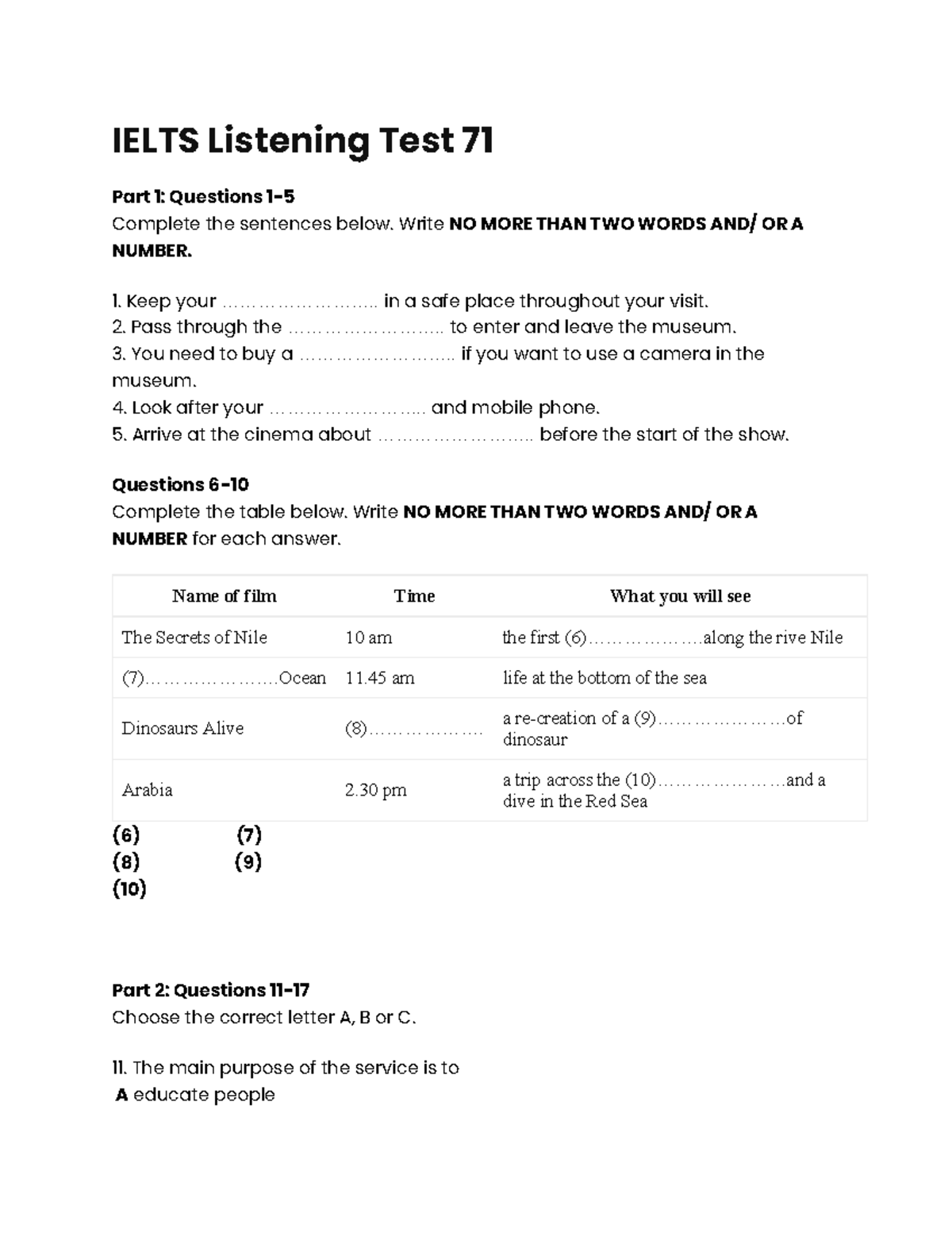 IELTS Listening Test 71 - Practice Questions and Answers - Studocu