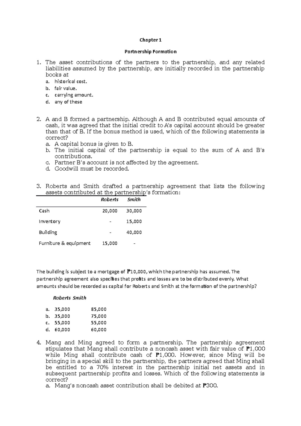 Partnership- Review - Notes - Chapter 1 Partnership Formation The asset ...