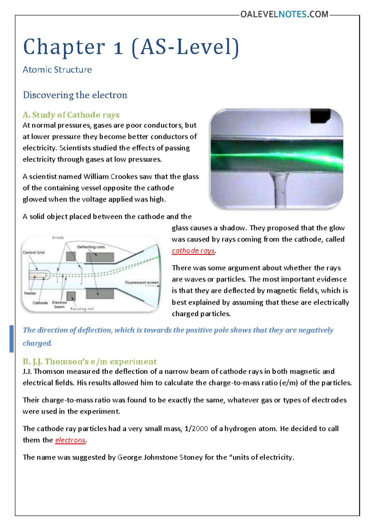 Ch 1 & 2 Revision Notes: Atomic Structure & Subatomic Particles - Studocu