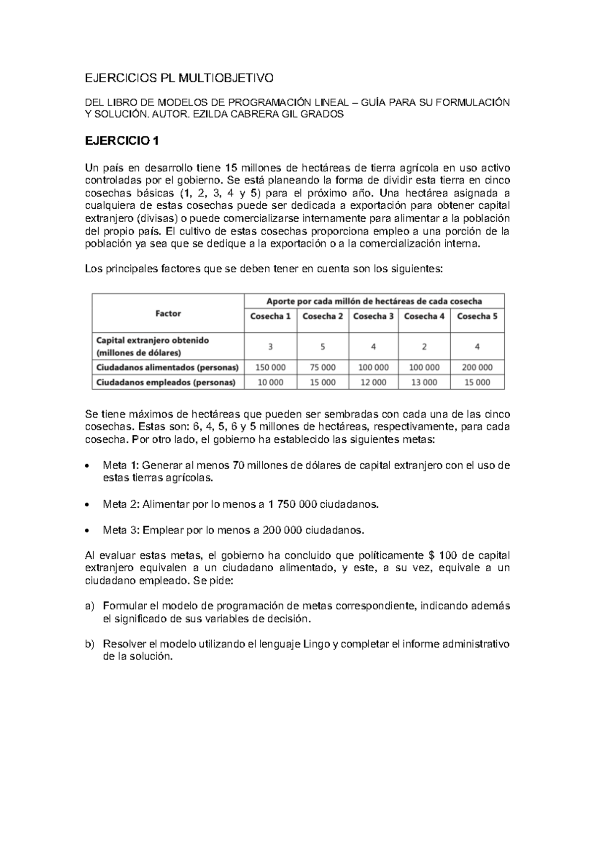 Ejercicios PL Multiobjetivo: Metas y Dinámica del Modelo - Studocu