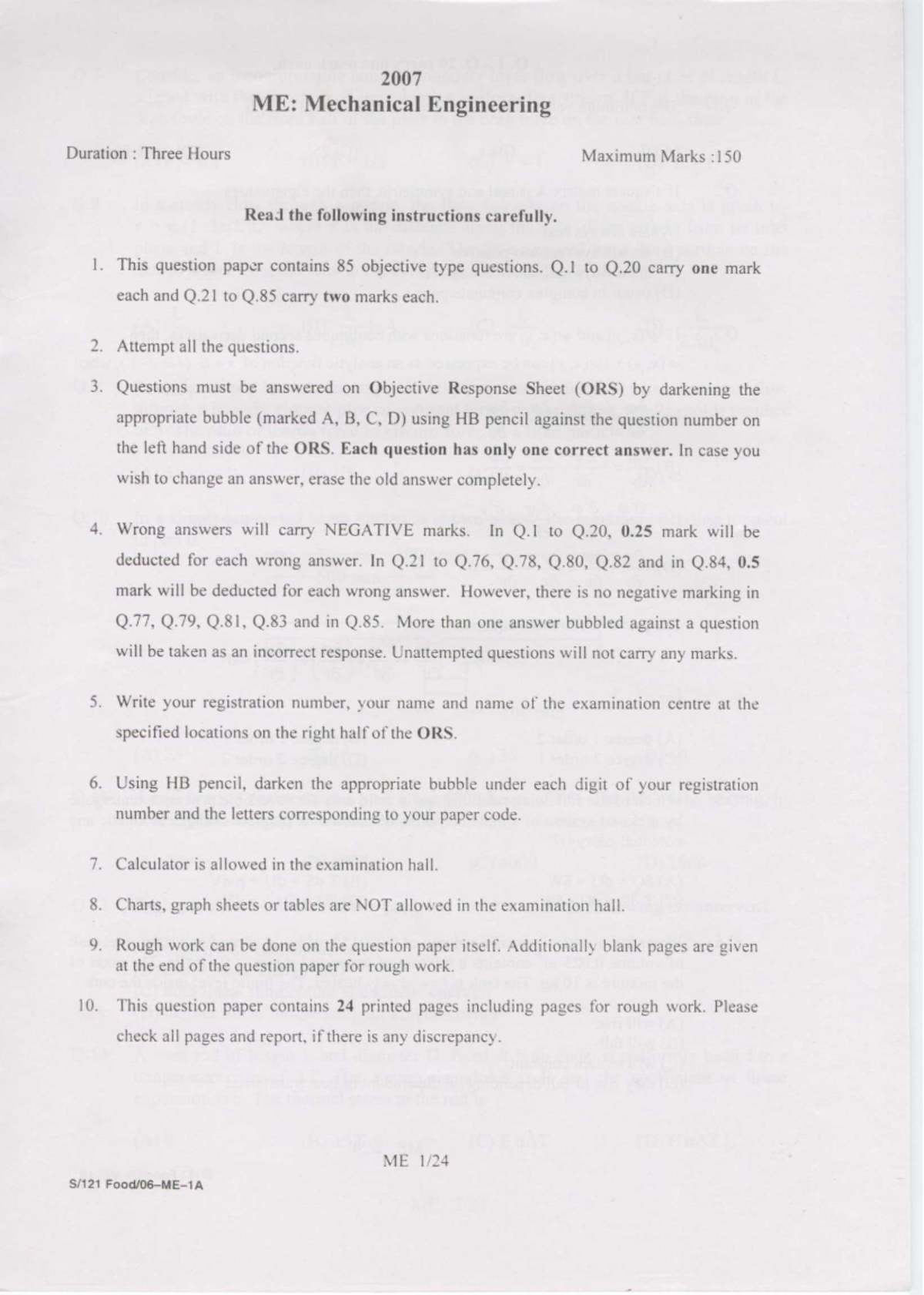 2007 ME: GATE Mechanical Engineering Exam Paper (3 Hours, 150 Marks ...