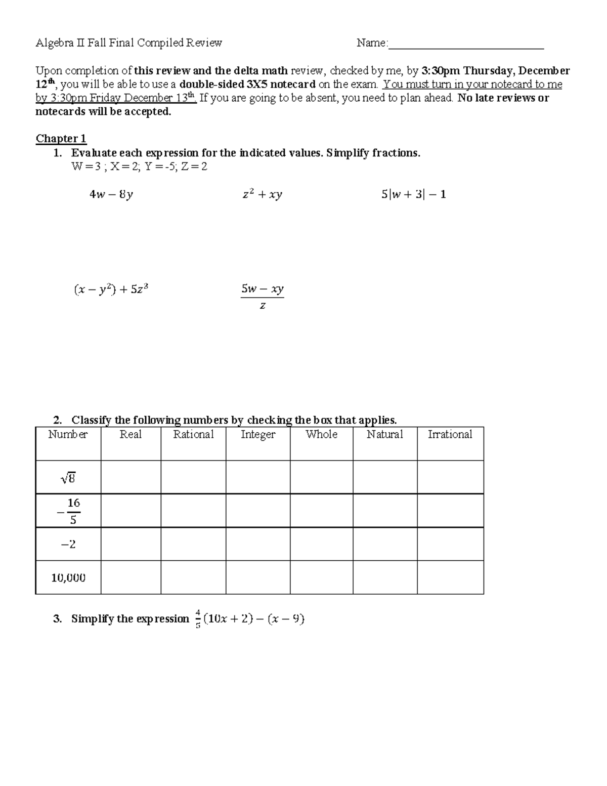 Fall Final Review MC 2023 - Algebra II Fall Final Compiled Review Name ...