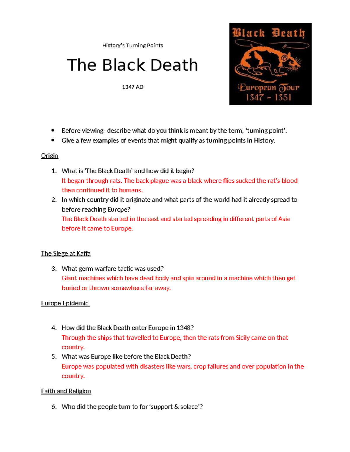 The Black Death: Key Insights and Answers to the Worksheet - Studocu