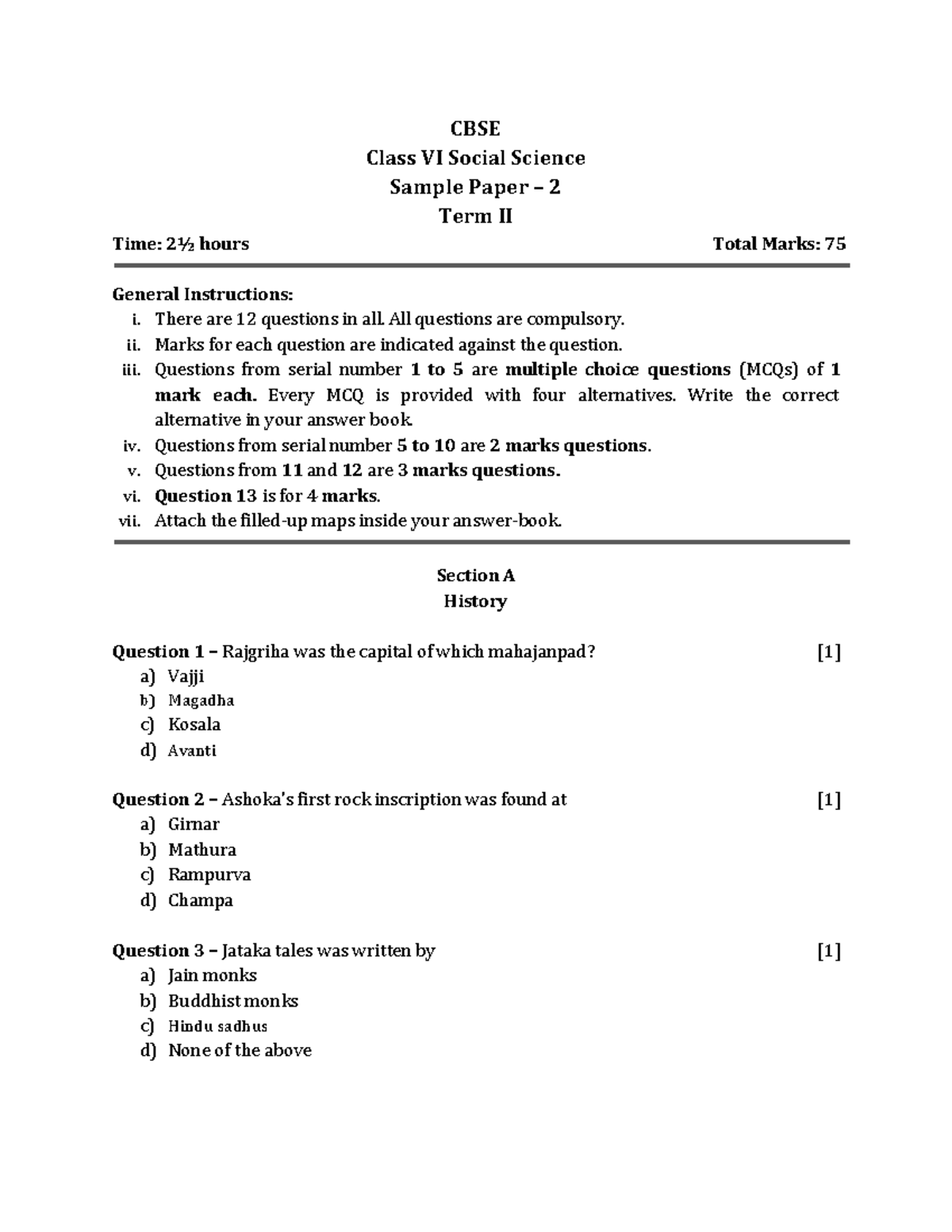 Grade 6 CBSE Social Studies Sample Paper – Term II Coverage - Studocu