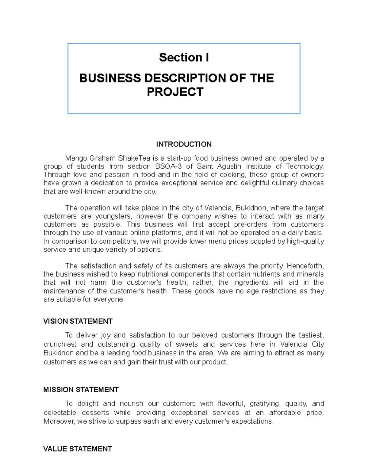 Mango Graham ShakeTea Business Plan: BSOA-3 Project Overview - Studocu