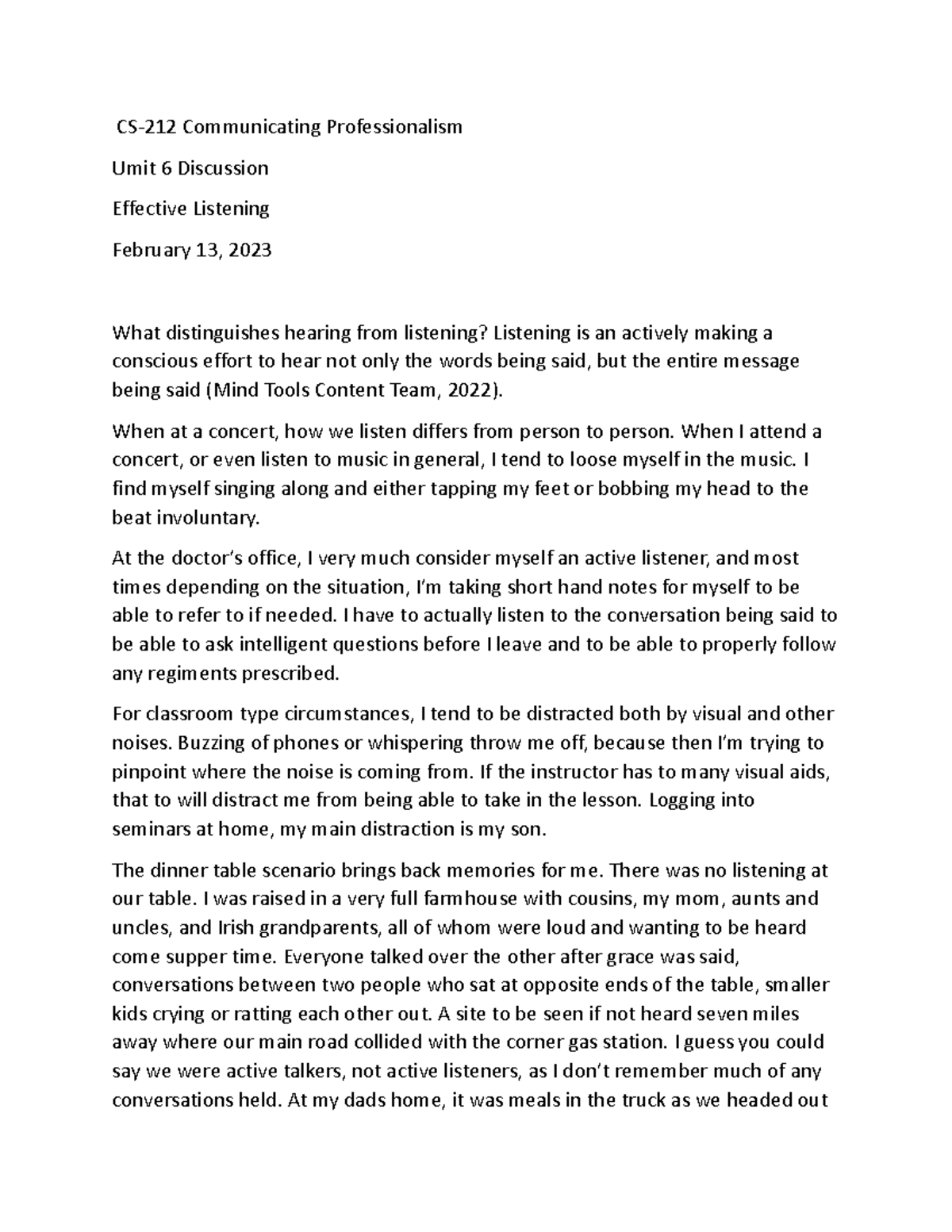 CS-212 Unit 6 Discussion: The Art of Effective Listening - Studocu