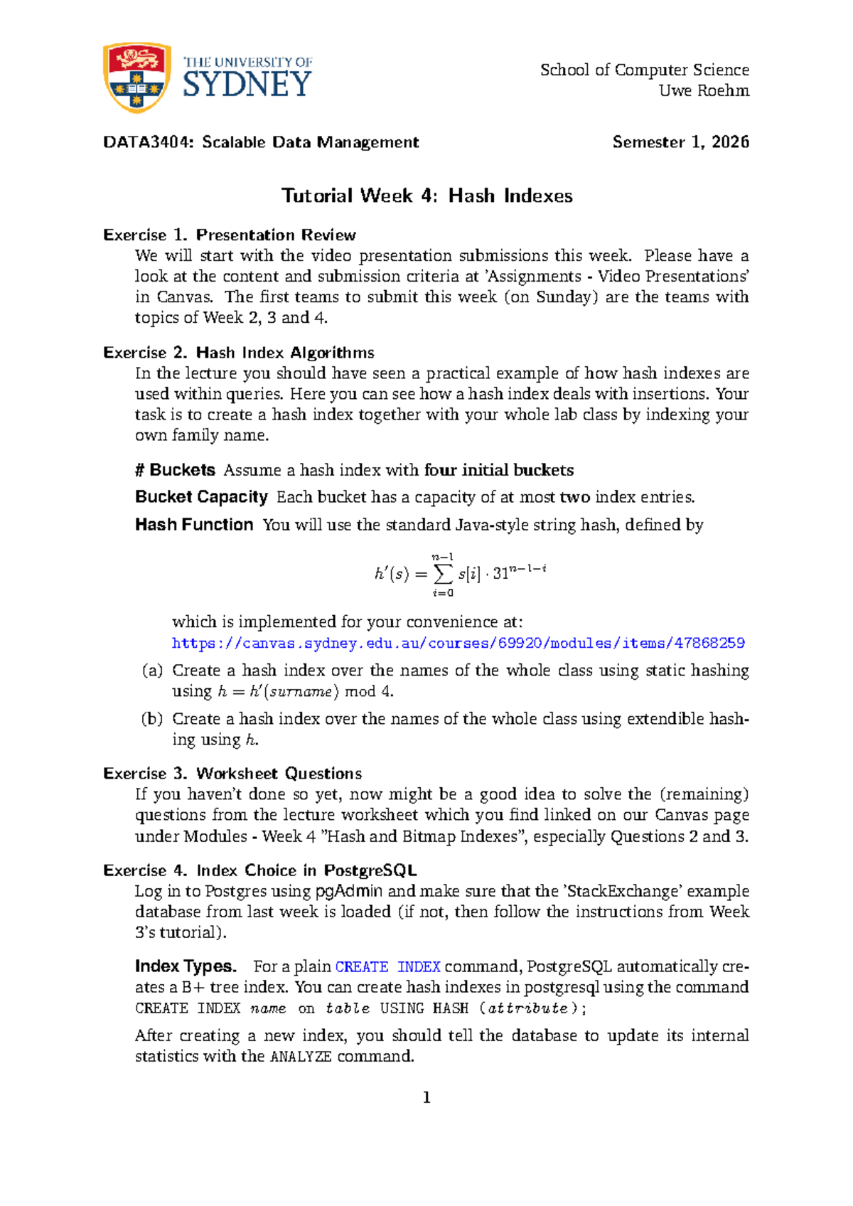 DATA3404: Tutorial Week 4 - Hash Indexing Solutions and Exercises - Studocu