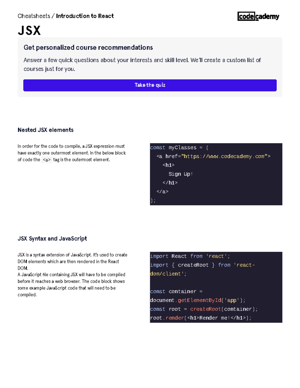 Cheatsheet: Introduction to React JSX Concepts and Syntax - Studocu