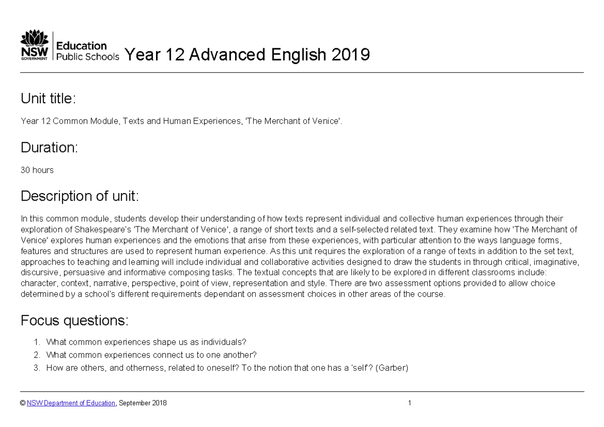 Year 12 Advanced English 2019: Common Module on Human Experiences in ...