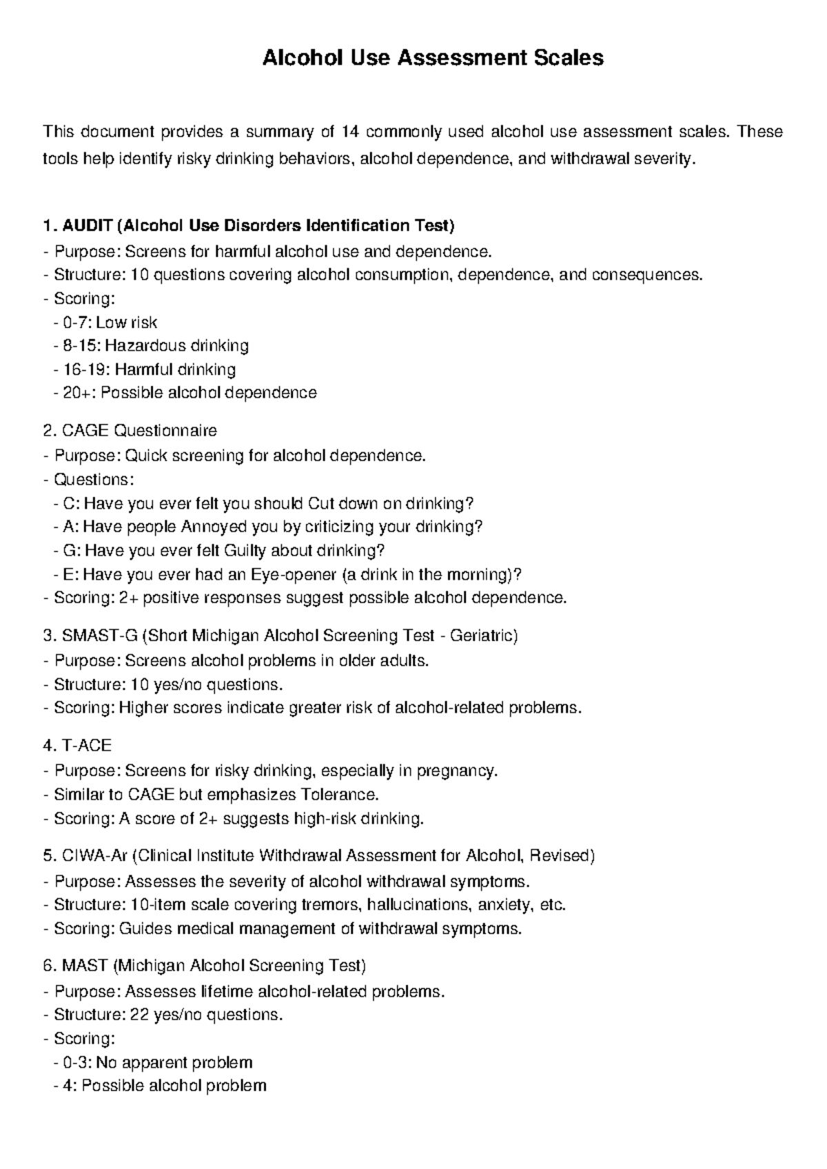 Alcohol Use Assessment Scales: Summary of Key Tools - Studocu