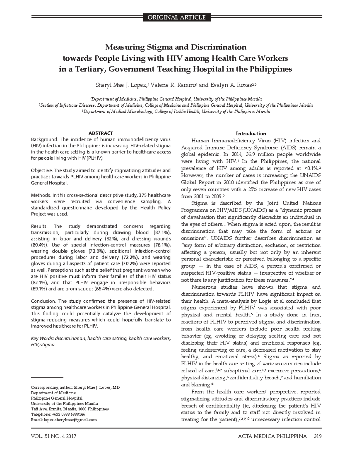 HIV Stigma & Discrimination Among Health Care Workers in PGH: A Study ...