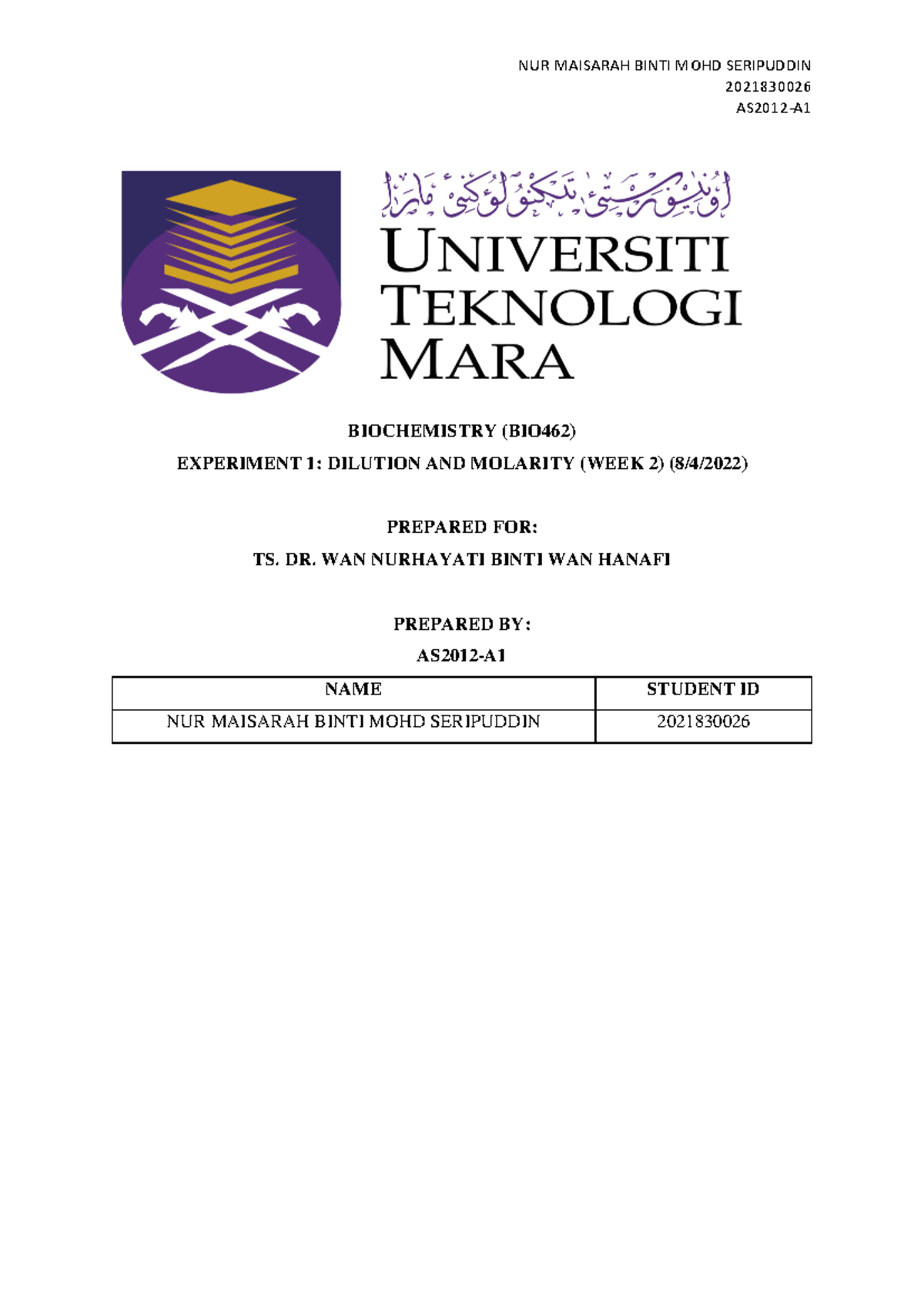 BIO462 Biochemistry Lab Practical Assignments - Experiments 1 to 4 ...