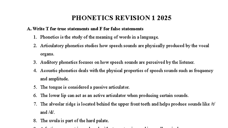 PHONETICS REVISION 1 2025: TRUE/FALSE & FILL-IN-THE-BLANKS - Studocu