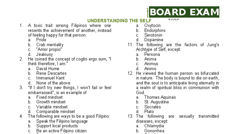 1st SEMESTER A.Y. 2025 UNDERSTANDING THE SELF - EXAM 1 Review - Studocu