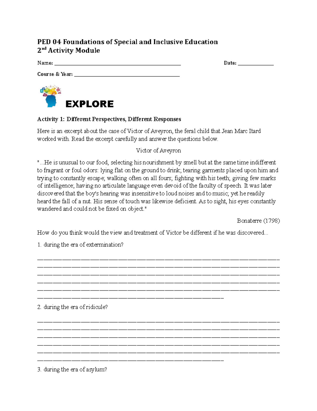 PED 04 Foundations of Special and Inclusive Education: Activity 2 Notes ...
