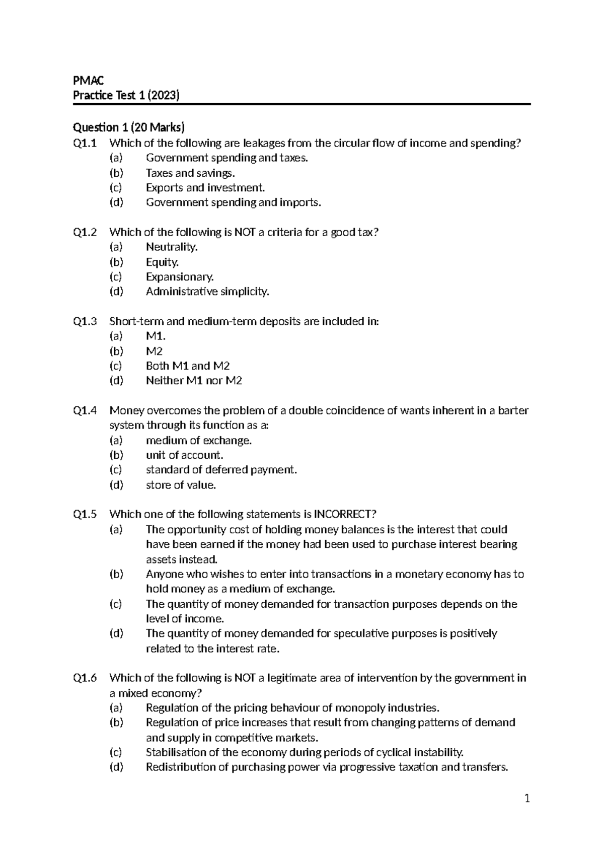 PMAC Practice Test 1 2023 - PMAC Practice Test 1 (2023) Question 1 (20 ...