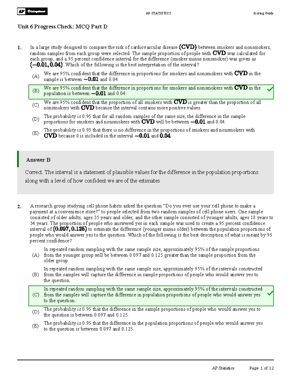AP STATISTICS Unit 6 Progress Check: MCQ Part D Scoring Guide - Studocu