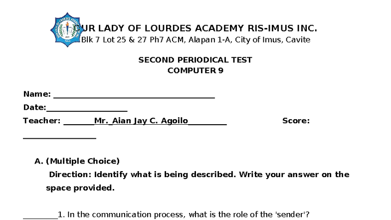 PT- Computer 9 - OUR LADY OF LOURDES ACADEMY RIS-IMUS INC. Blk 7 Lot 25 ...