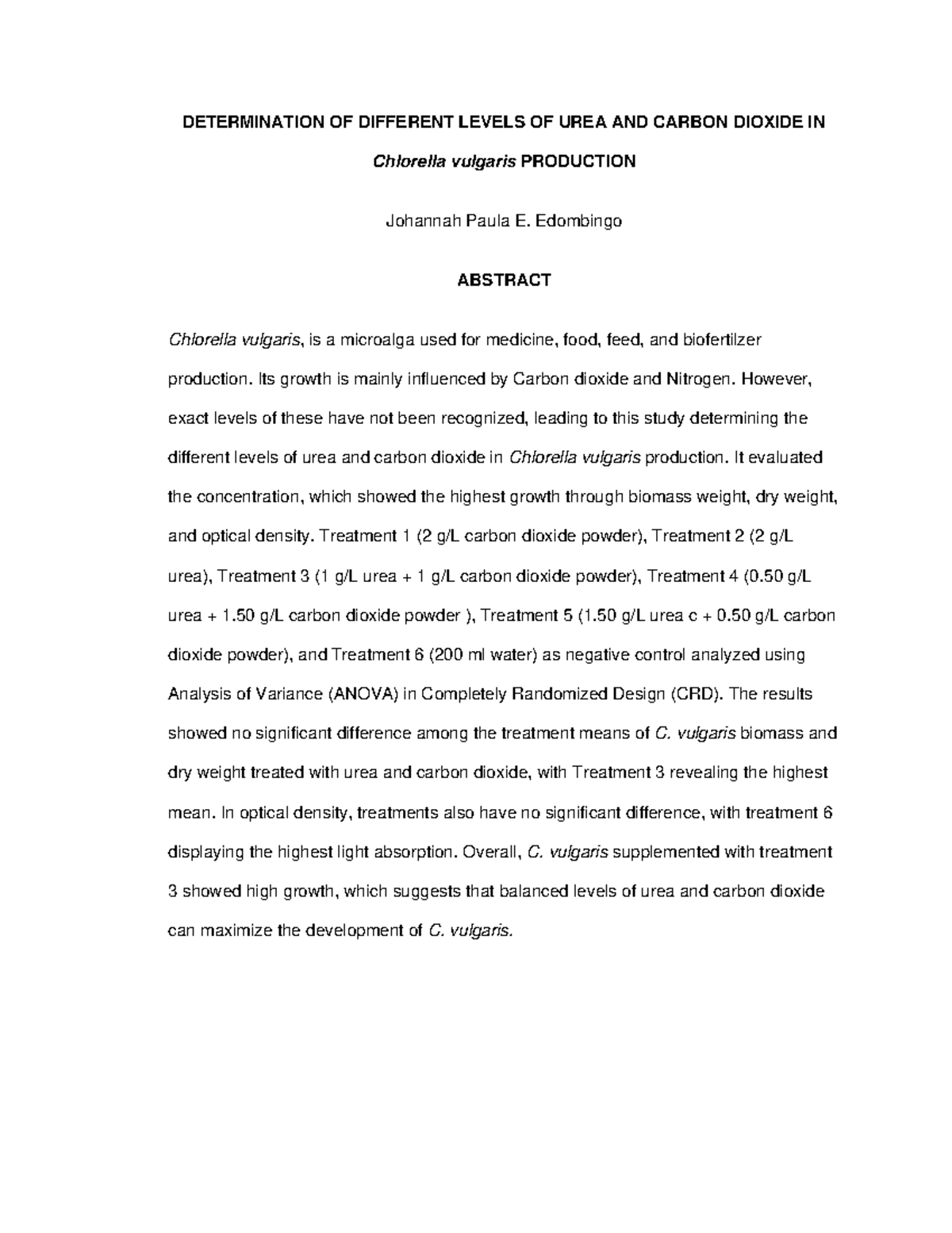 Determination of Urea & CO2 Levels in Chlorella vulgaris Production ...