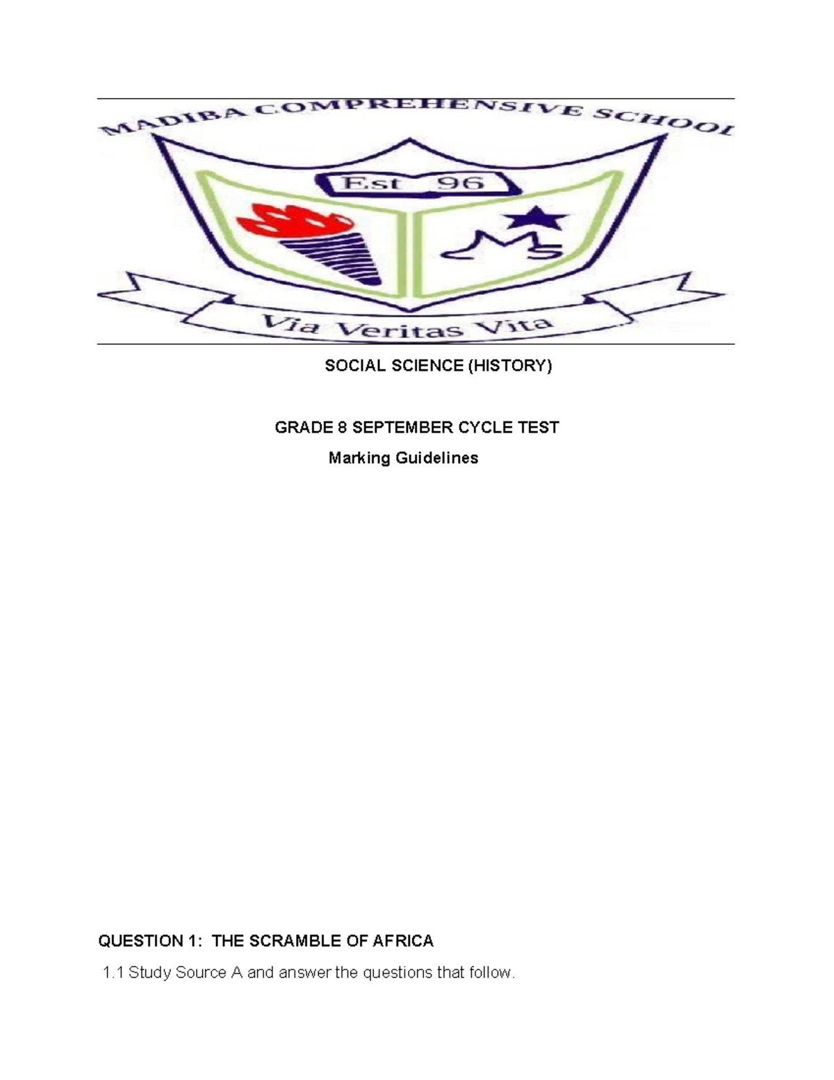 SOCIAL SCIENCE (HISTORY) GRADE 8 SEPTEMBER CYCLE TEST Marking ...