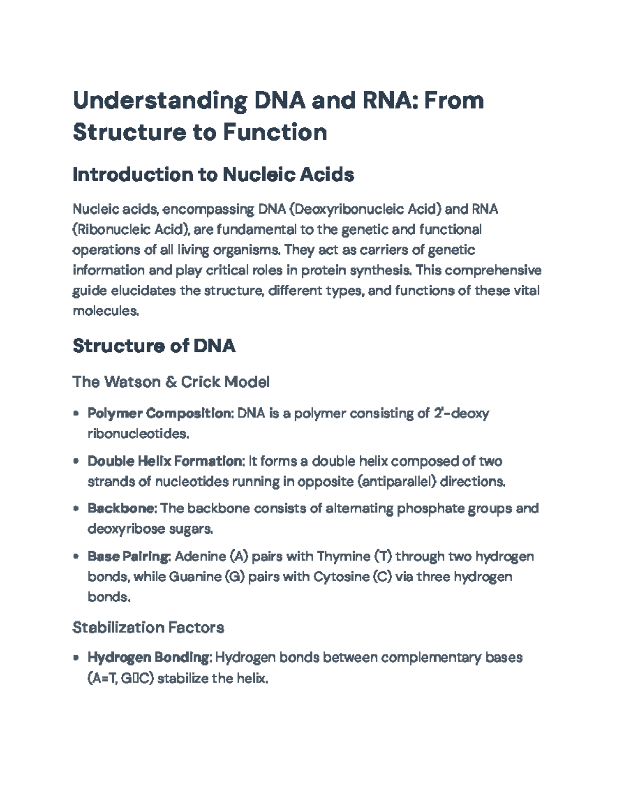 Nucleic Acids Overview: Structure and Function of DNA and RNA - Understanding DNA and RNA: From ...