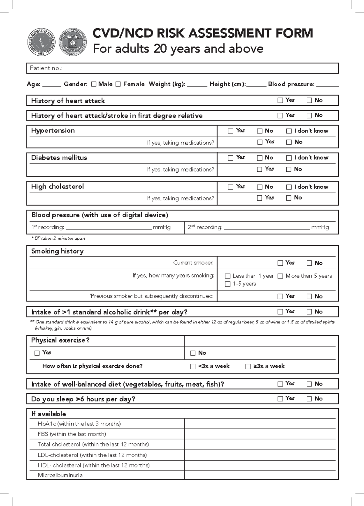 CVD Risk Assessment Form Eng FA - CVD/NCD RISK ASSESSMENT FORM For ...