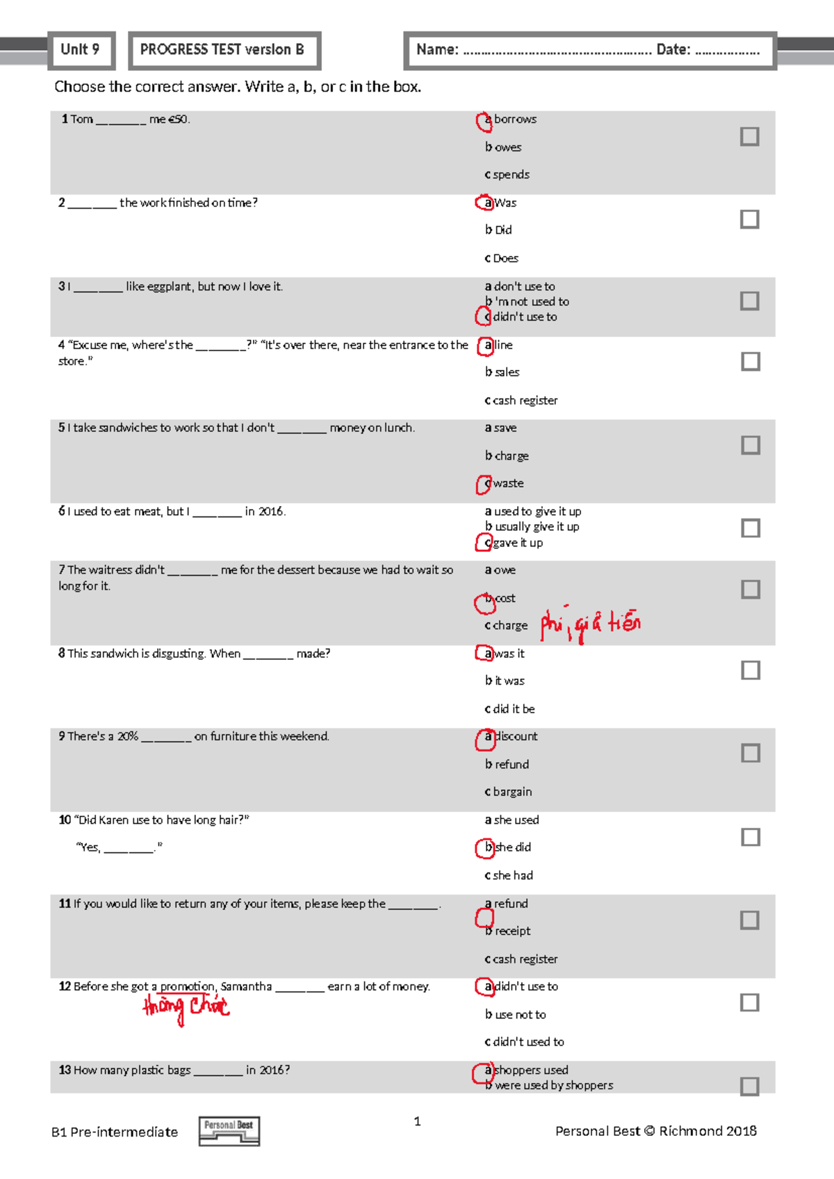 PB Am E B1 Unit Test U9 Progress Test Version B - Studocu