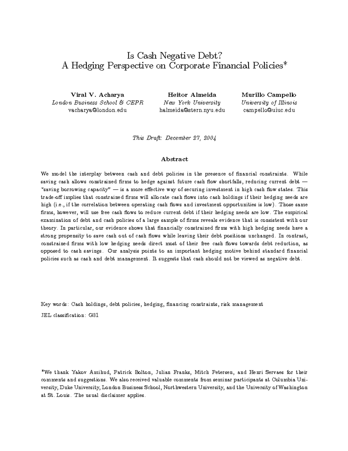 Is Cash Negative Debt? A Hedging Perspective on Corporate Finance (LBS ...