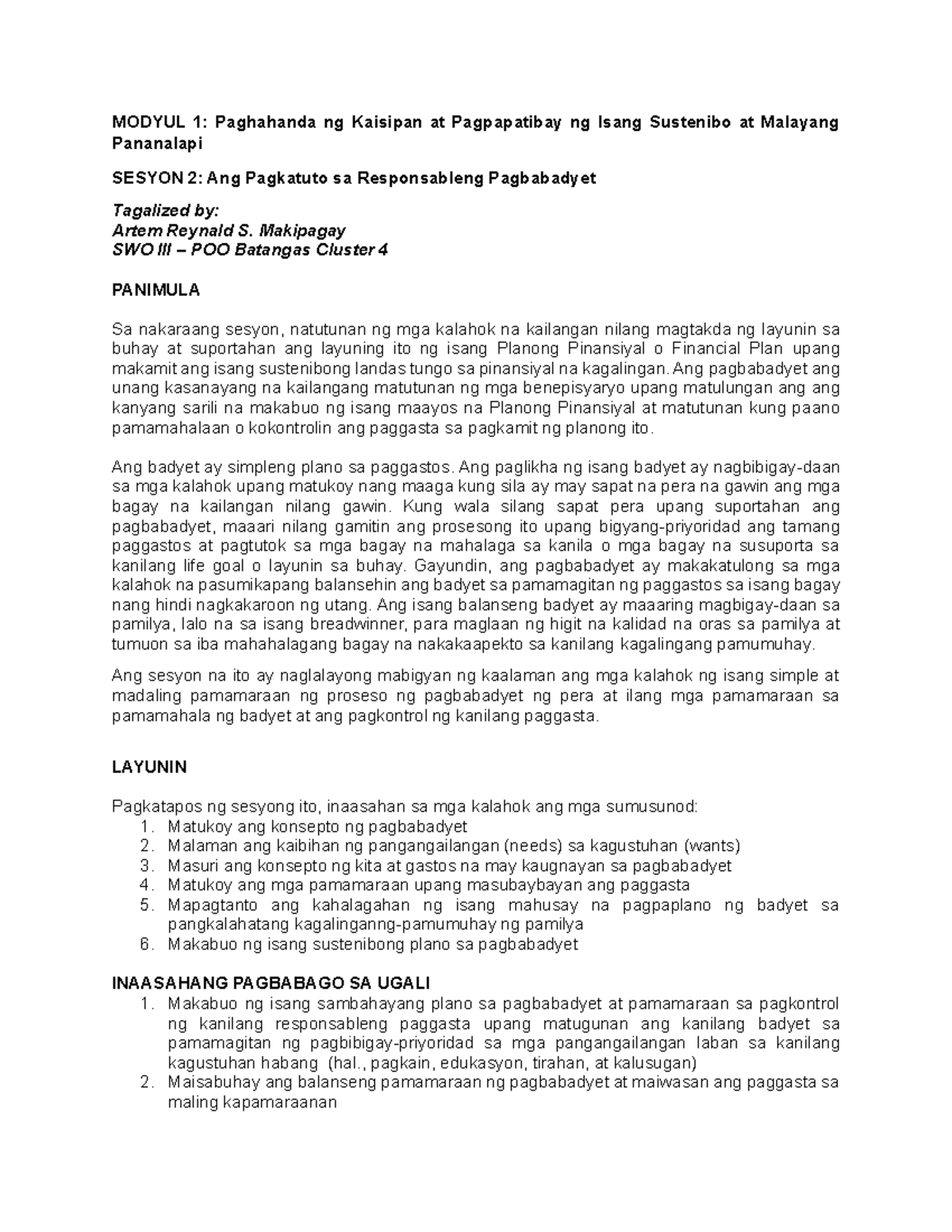 MODYUL 1: Paghahanda sa Responsableng Pagbabadyet (SWO III) - Studocu