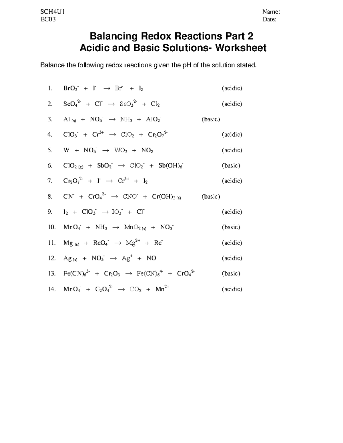 02- Worksheet Balancing Redox Reactions Part 2 - SCH4U1 Name: EC03 Date ...