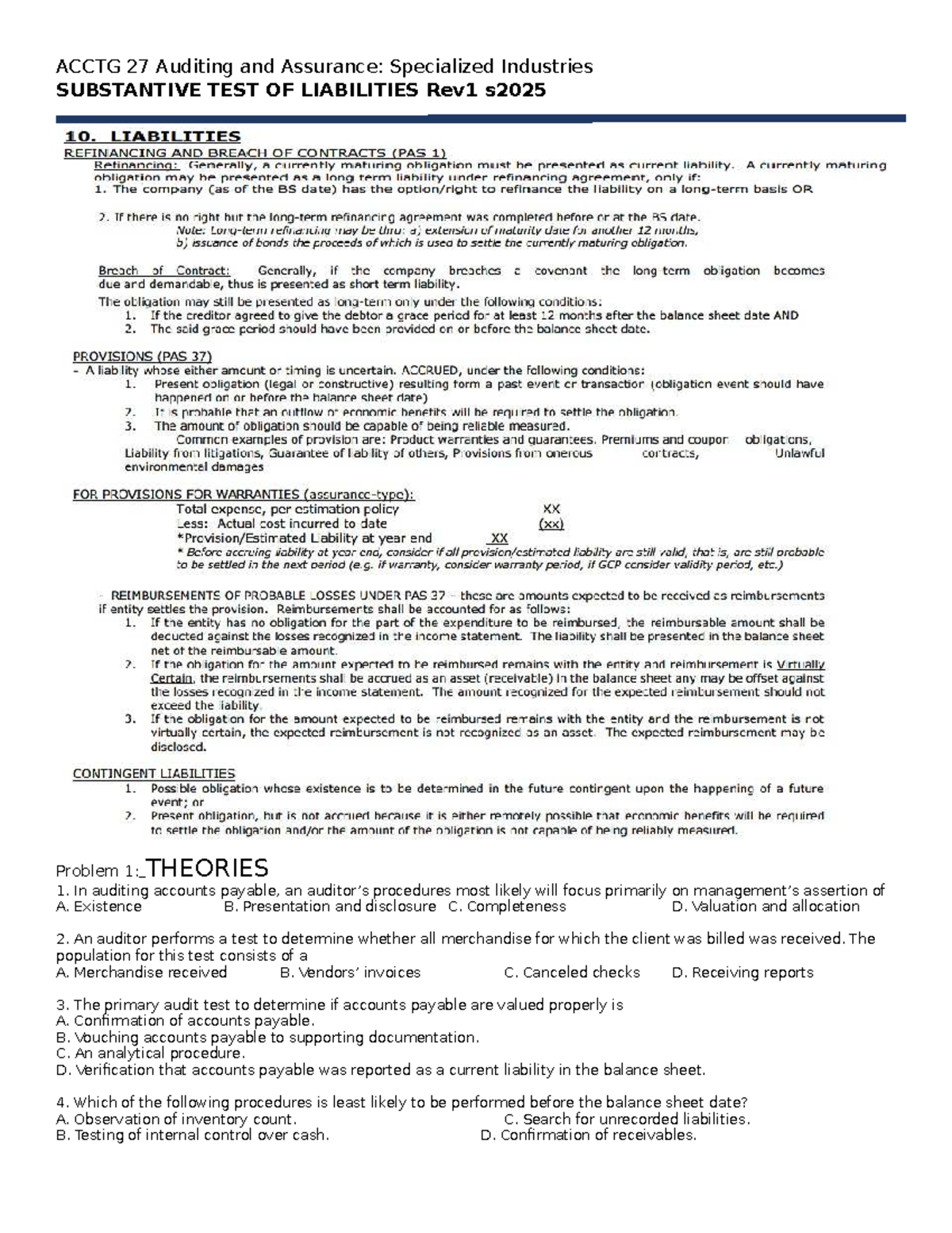 ACCTG 27 Auditing & Assurance: Substantive Tests of Liabilities Exam ...
