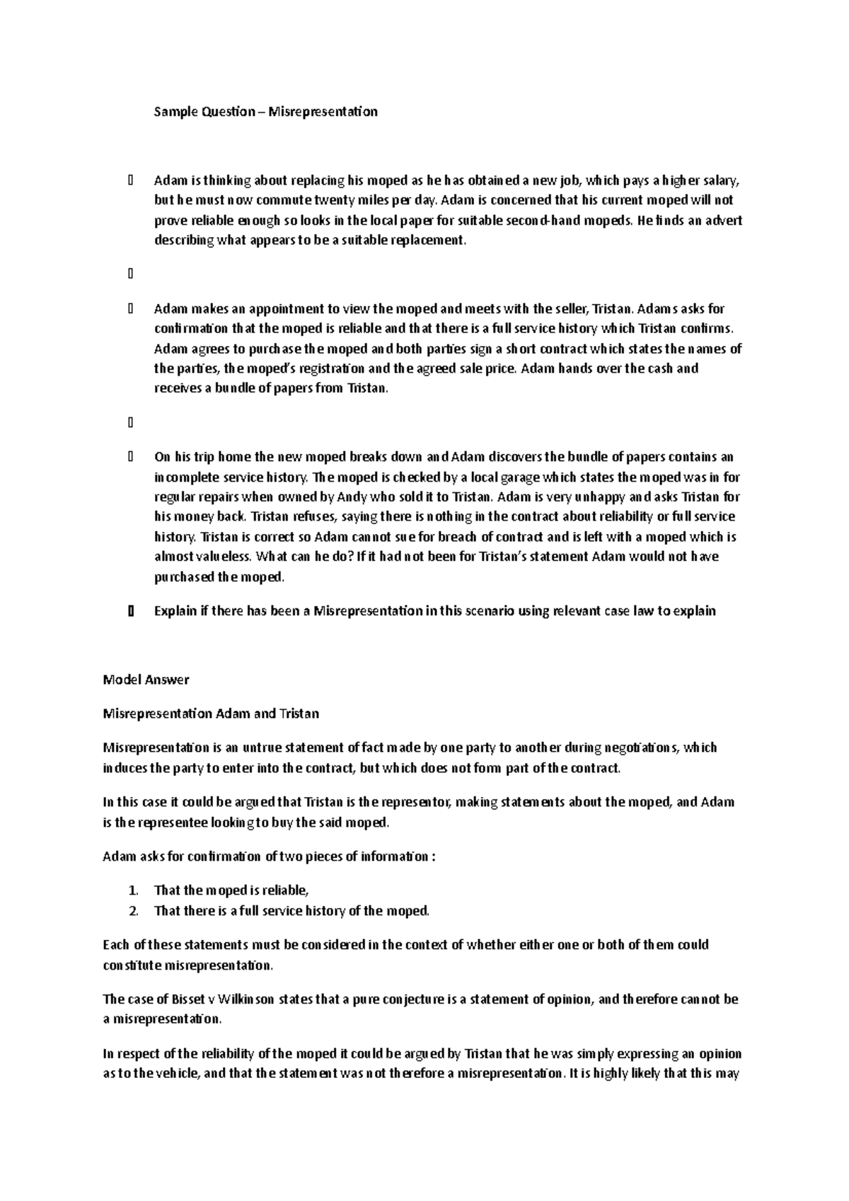 U3 S01 T05 (Adam & Tristan) - Sample Question – Misrepresentation Adam ...