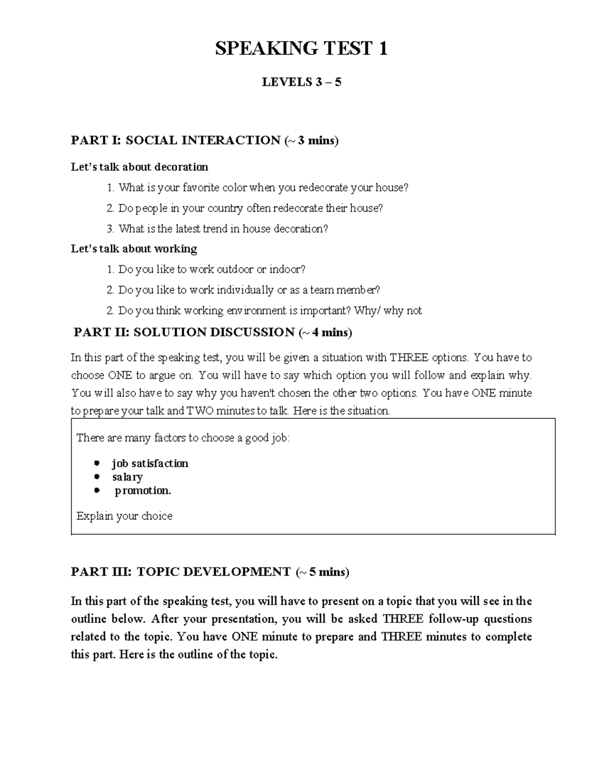 Speaking TEST 8 topics-NEW' - SPEAKING TEST 1 LEVELS 3 – 5 PART I ...