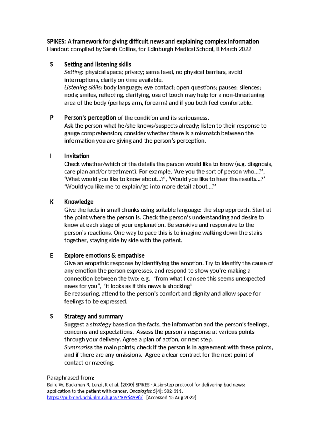 SPIKES Protocol Handout for Difficult News Delivery - Edinburgh Med ...