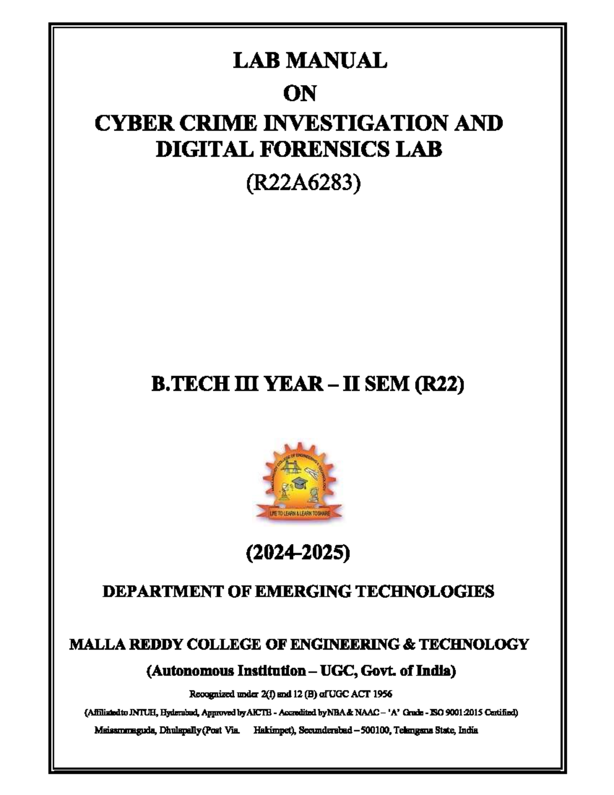 Cyber Crime Investigation & Digital Forensics Lab Manual (R22A6283 ...