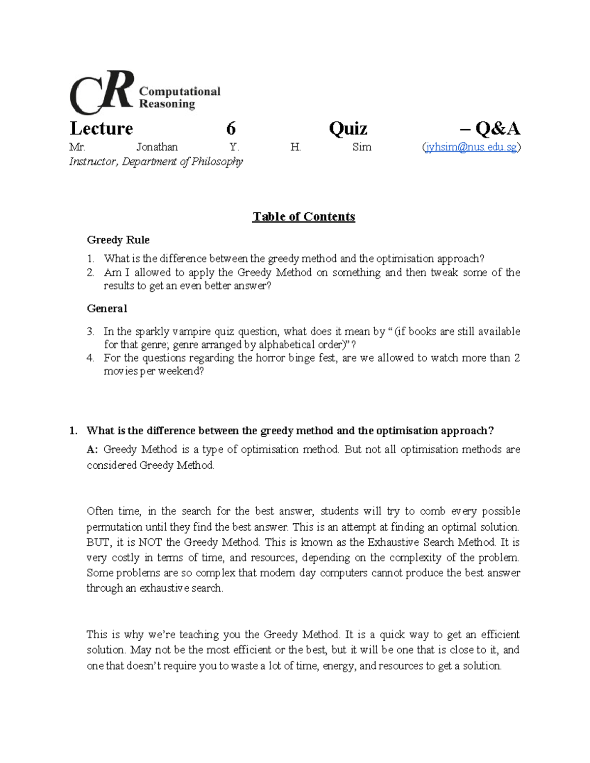CR Lecture 6 Knowledge Checker Quiz – Q&A - Lecture 6 Quiz – Q&A Mr ...