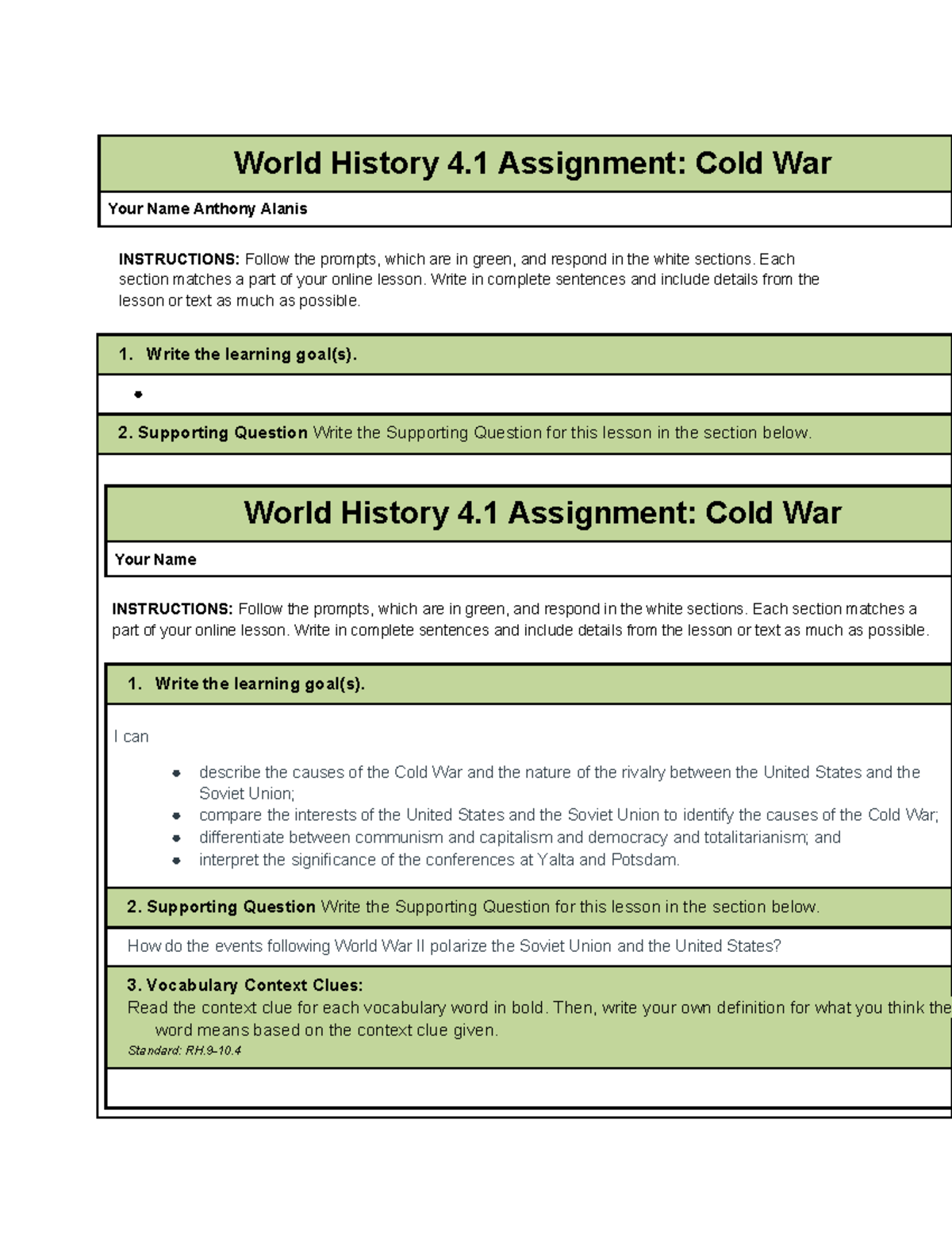 World History 4.1: Cold War Assignment and Learning Objectives - Studocu