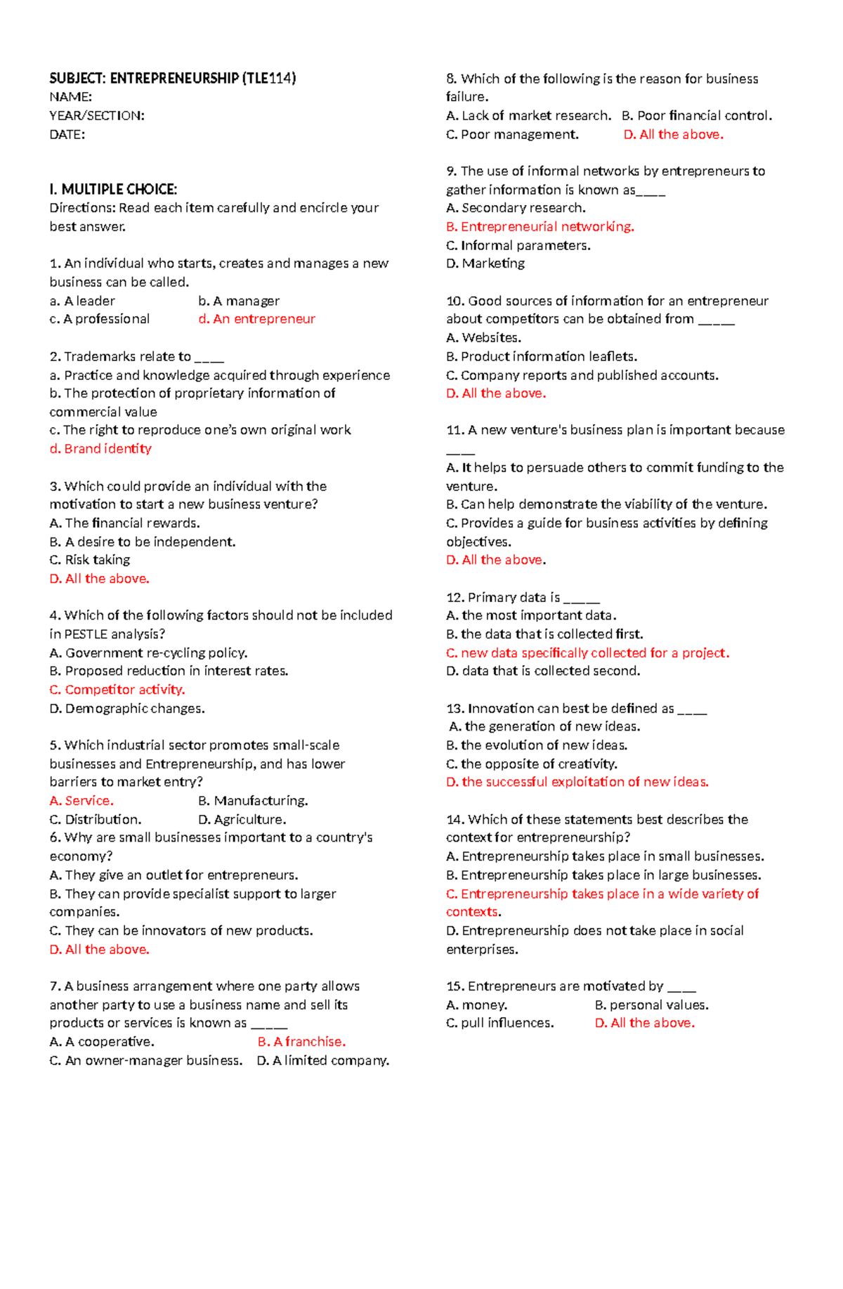 EDUC Entrep Preliminary ecxam with key answers - SUBJECT ...