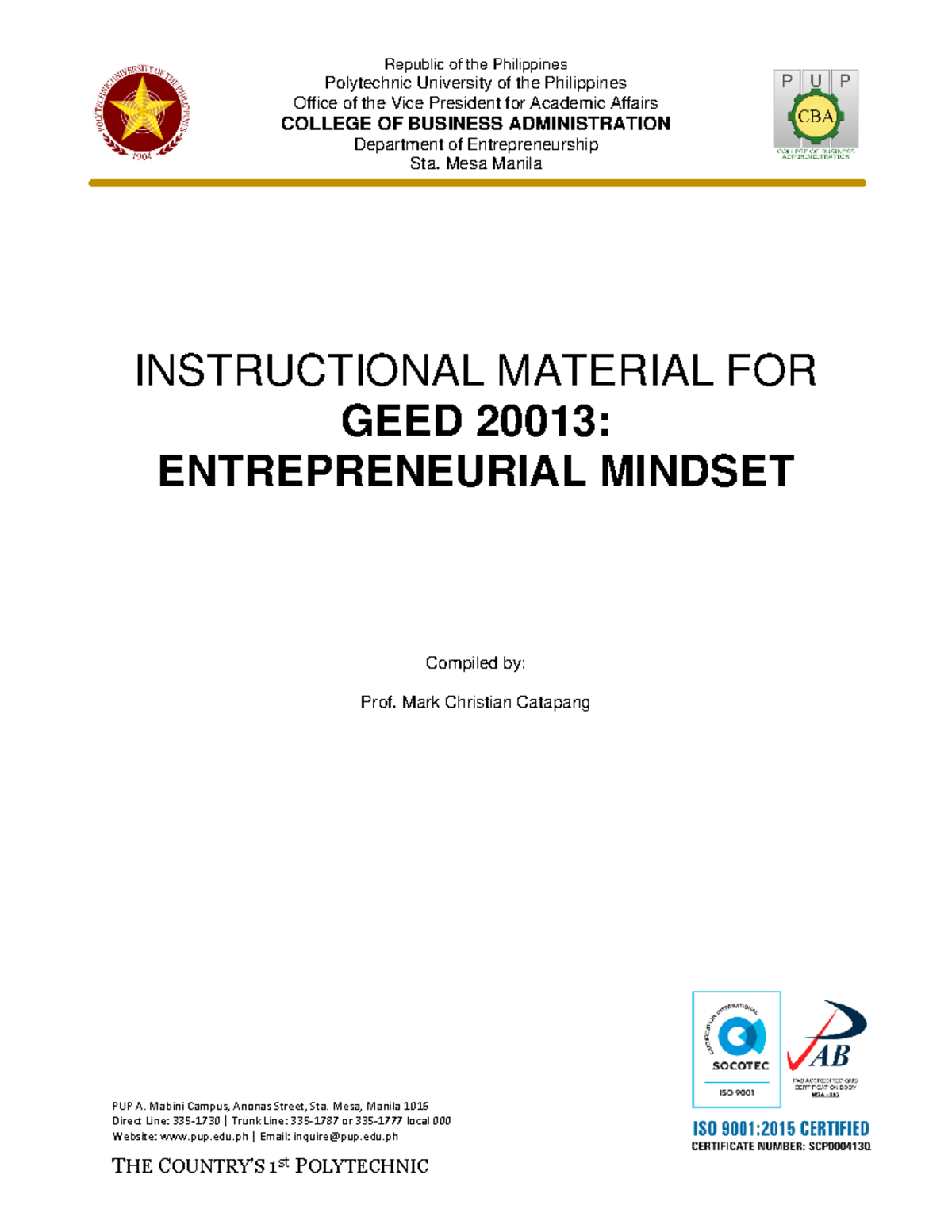 GEED 20013: Comprehensive Study on the Entrepreneurial Mindset - Studocu