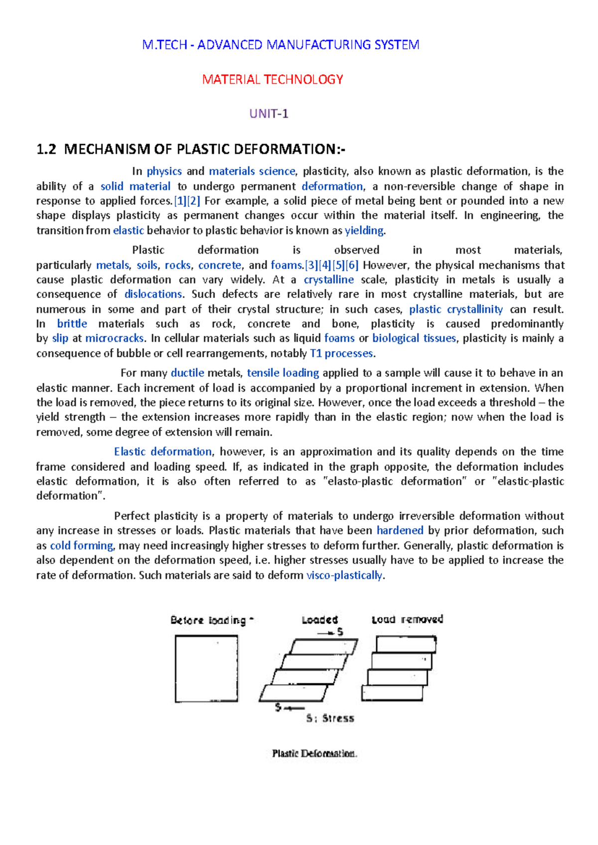 M.TECH 1.2 Mechanisms of Plastic Deformation in Materials Science - Studocu