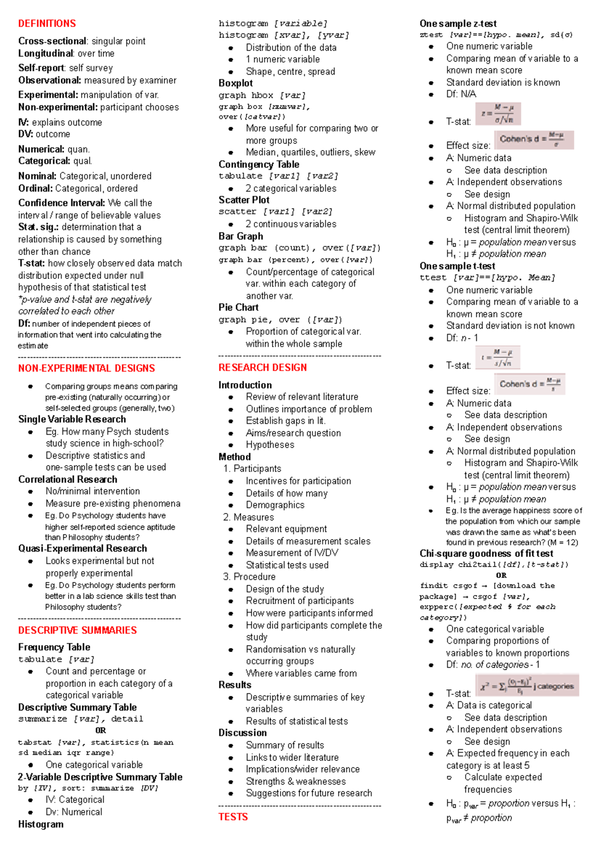 STAT1103 - Cheat Sheet: Statistical Concepts and Tests - Studocu