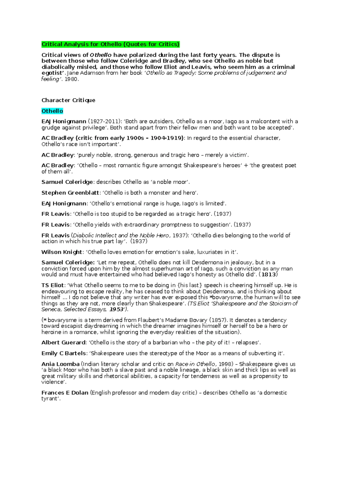 Othello Quote Bank: Key Quotes & Analysis - A Study Guide - Studocu