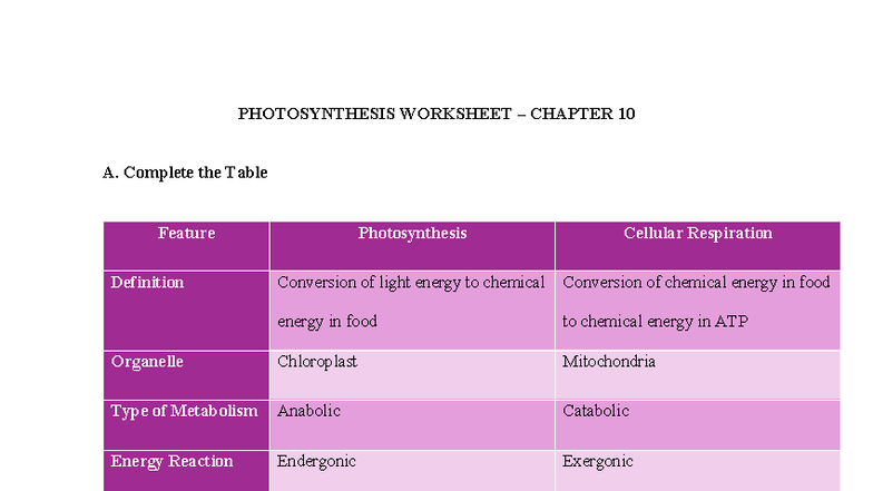BIO 181 CH 10 Photosynthesis Worksheet: Key Concepts & Processes - Studocu