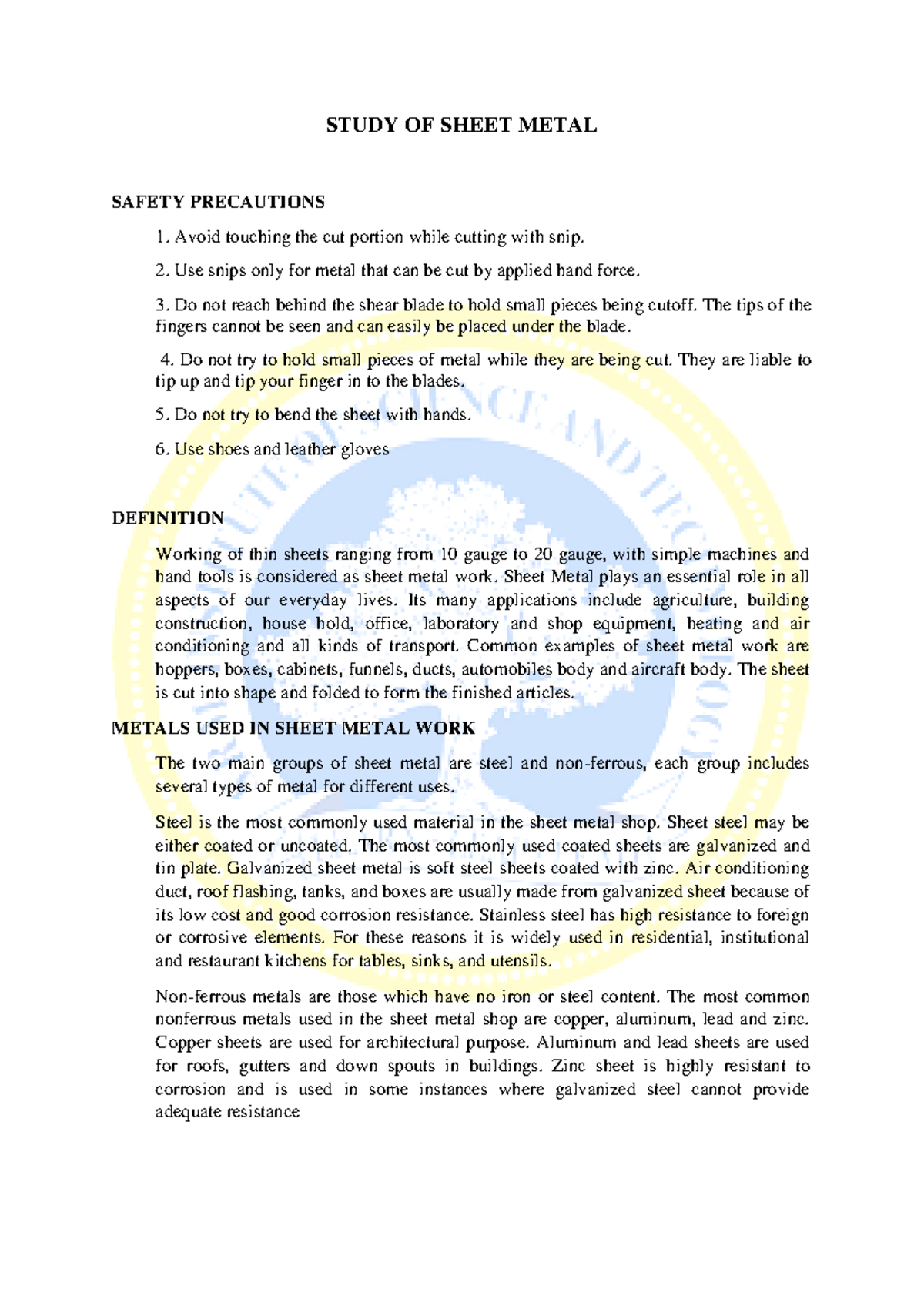 sheet metal study material - STUDY OF SHEET METAL SAFETY PRECAUTIONS ...