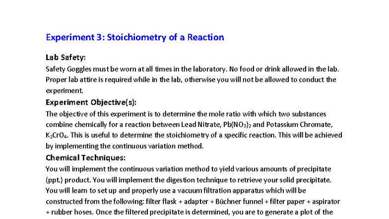 Exp. 3: Stoichiometry of a Reaction Lab Report - Illinois Tech Chem ...