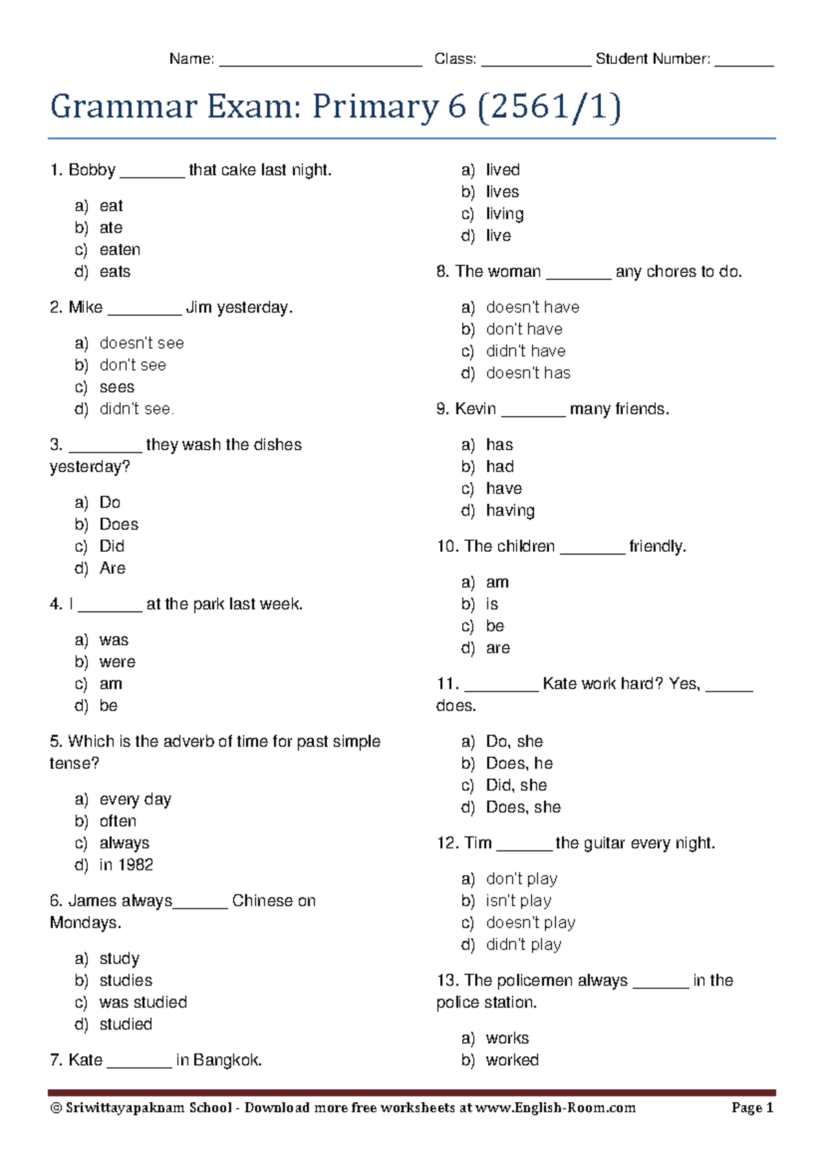 Grammar Exam: Primary 6 (2561/1) Practice Questions & Answers - Studocu