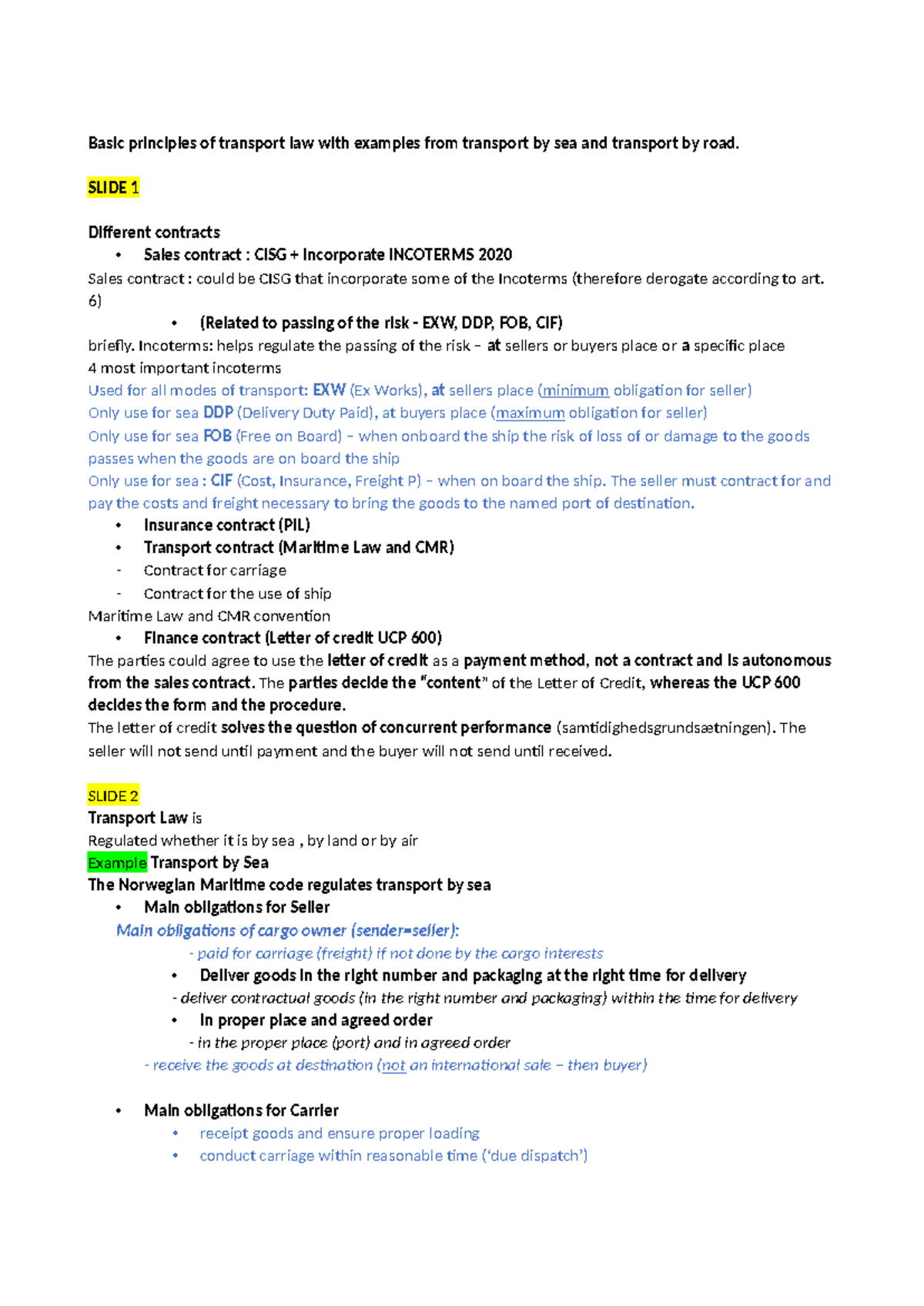 Transport Law Basics: Sea & Road Examples (Course Code: TL101) - Studocu